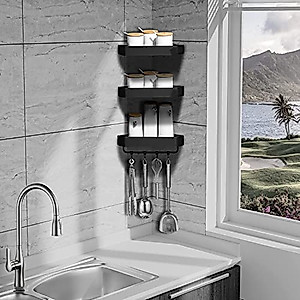 3 Pack Shower Caddy With Hooks, Adjustable Shower Corner Caddy Rack Storage Shelves, Adhesive Shower Caddies Basket Shampoo Holder Hanging, Shower Shelf Basket Bathroom/Kitchen Spice Organizer-Black