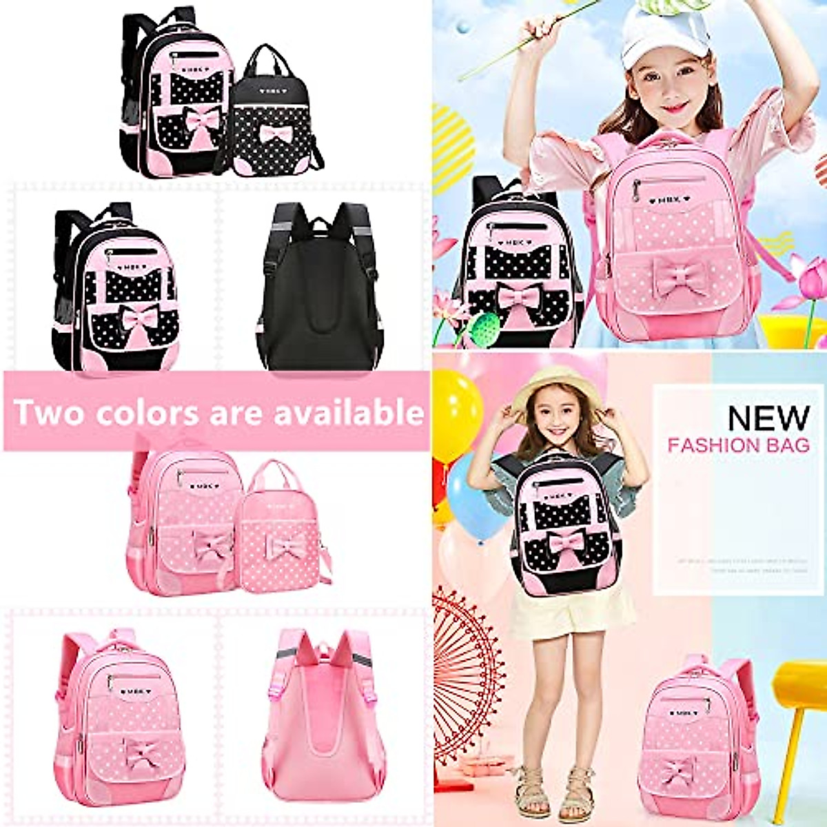 LANSHIYA 2Pcs Princess Bow Girls Backpack 2-Piece Elementary School Bag Kids School Travel Bag Set