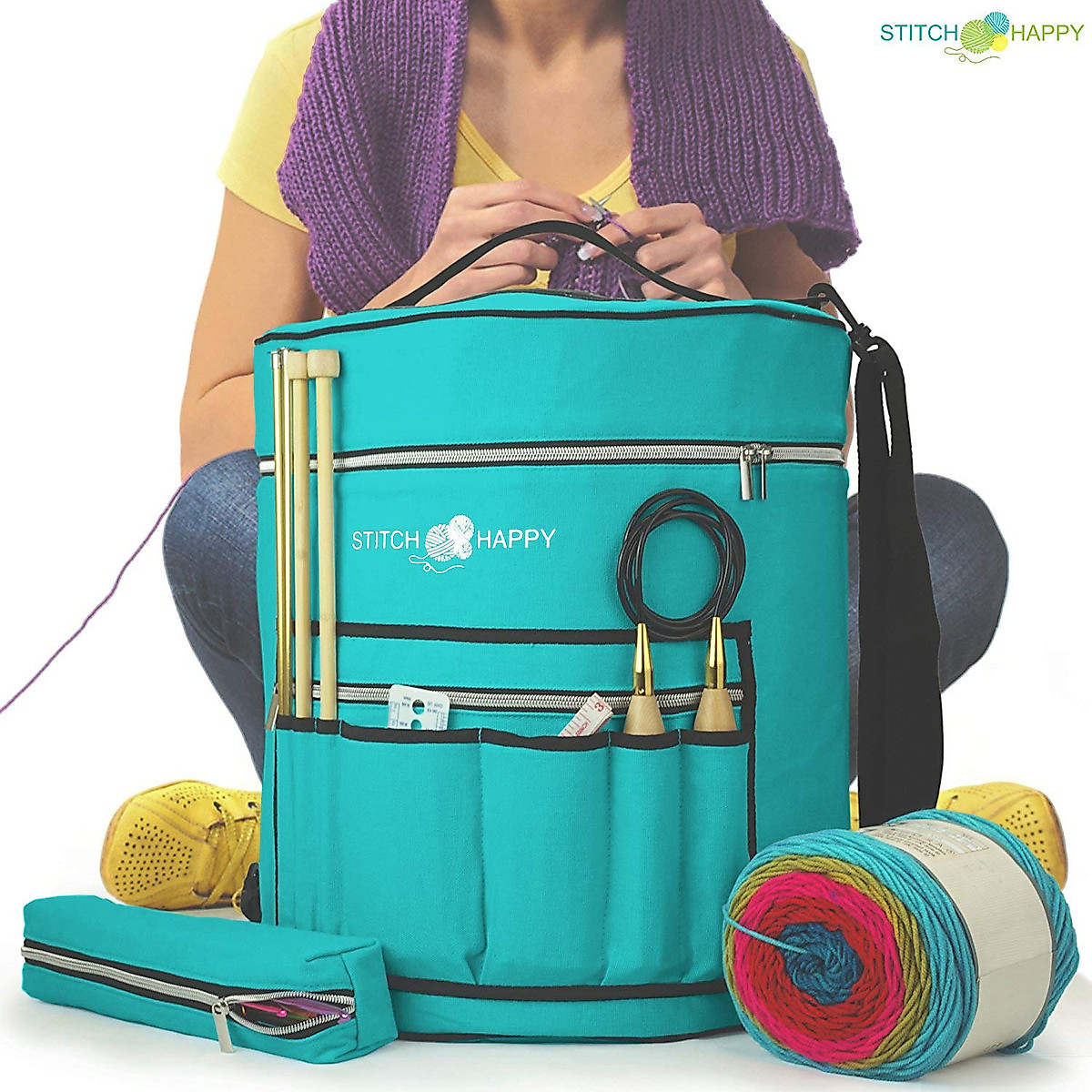 Stitch Happy XL Knitting Bag (Peacock) 7 Pocket Yarn Bag, Crochet Bag, Yarn Storage, Crochet Storage