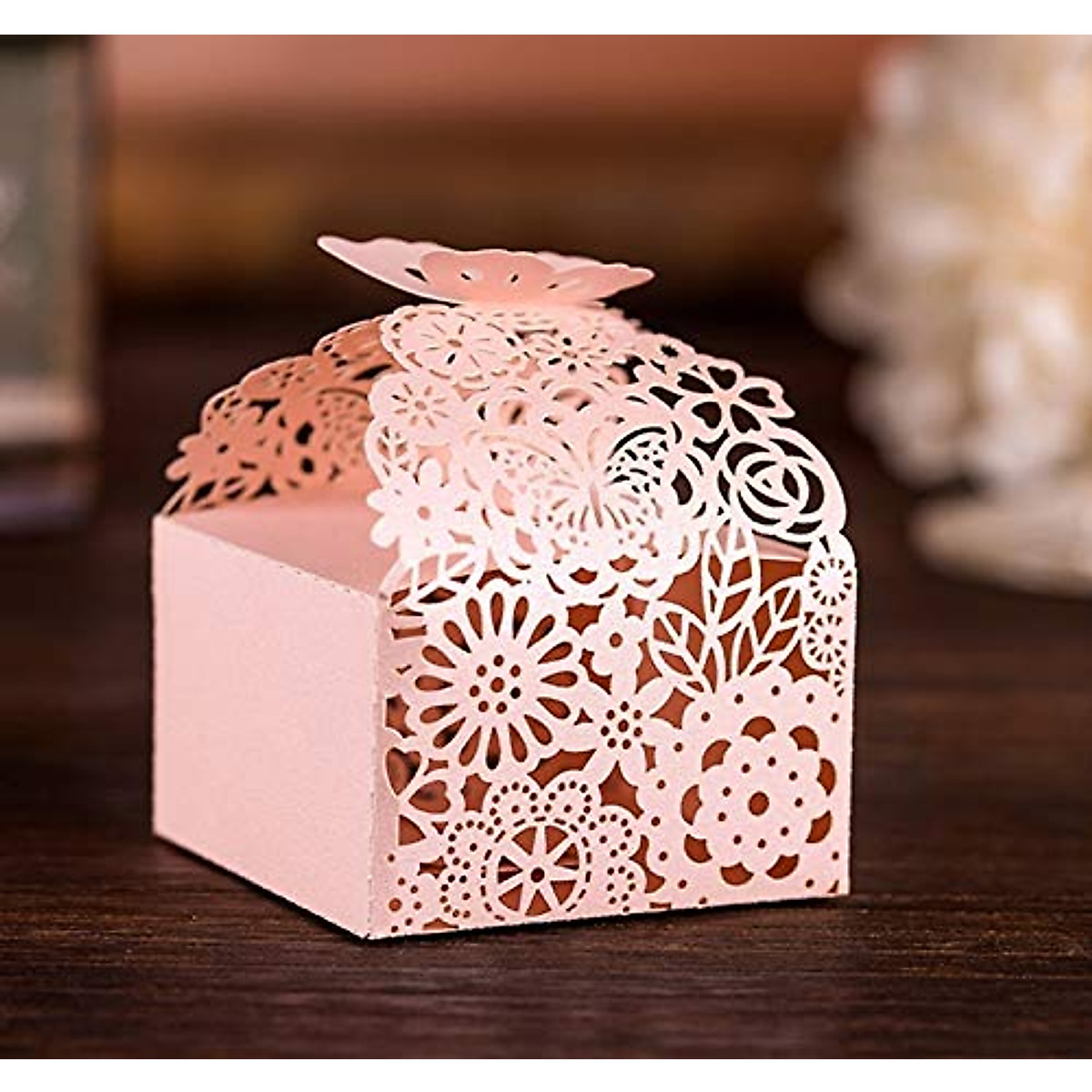 KAZIPA 50pcs Laser Cut Favor Boxes, 2.6" x 2.6" x 1.6" Floral Favor Boxes, Party Favor Boxes for Bridal Shower Anniverary Wedding Party Favor, Pink