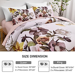 Drucon Duvet Cover Queen Size,Reversible 3 Pieces Floral Duvet Cover Set,Blush Bedding Set for All Season,Soft and Breathable Bedding Set with Zipper Closure & Corner Ties(Queen, 90"x90")
