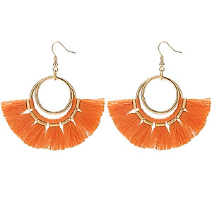 BaubleStar Fan Tassel Earrings Orange Bohemian Gold Hoop Dangle Fringe Drop Thread Tiered Layered Tassle Fashion Jewelry for Women