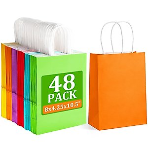 BagDream 48 Pieces Assorted Gift Bags Medium Size Rainbow Colors Kraft Paper Party Favor Gift Bags with Handles for Wedding Brithday 8x4.25x10.5
