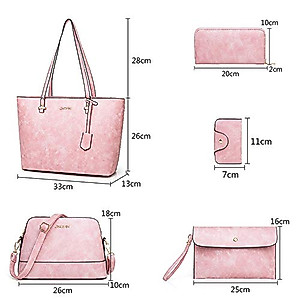 Handbag Set for Women 5 Pack Tote Purse Handbags Set PU Leather Satchel Shoulder Crossbody Wallet Card Holder Bag Set, Pink