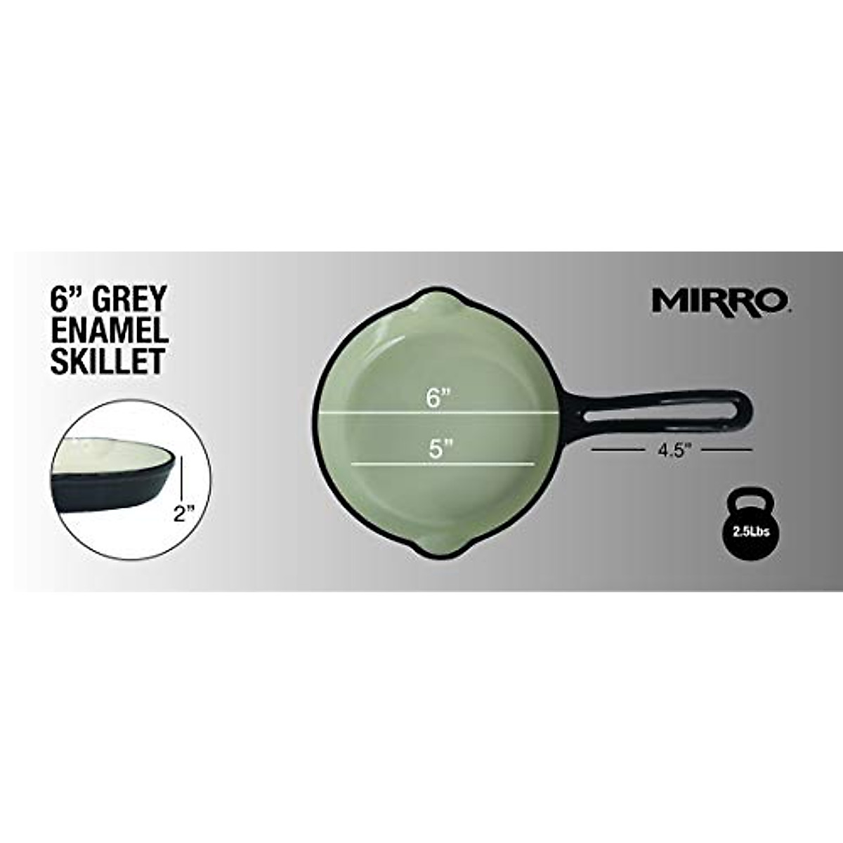 Mirro MIR-19056 6" Mini Cast Iron White Enamel Coated Interior Skillet, Grey, Ready to Use