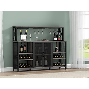 Gyfimoie Wine Bar Cabinet, 55 Inches Industry Coffee Bar Cabinet with Wine Rack and Glass Holder, Kitchen Sideboard Buffet Cabinet with Wine Rack Storage for Liquor and Glasses (Rustic Grey)