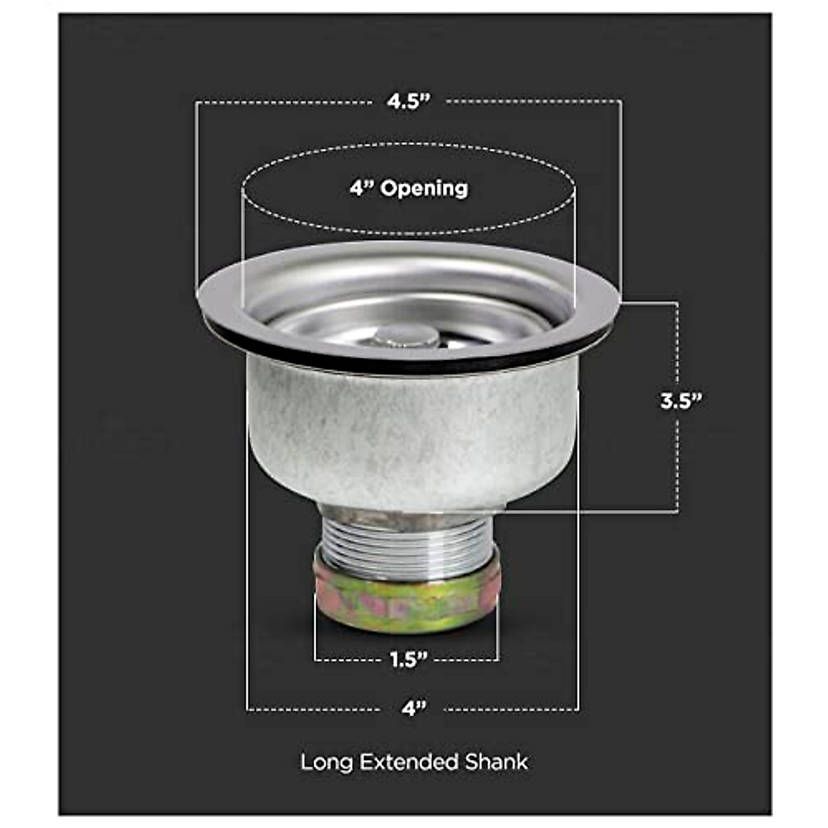 Highcraft 9753 Kitchen Sink (3-1/2 Inch) Stainless Steel Drain Assembly with Strainer Basket and Rubber Stopper Long Extended Shank (3-3/4 Inch)