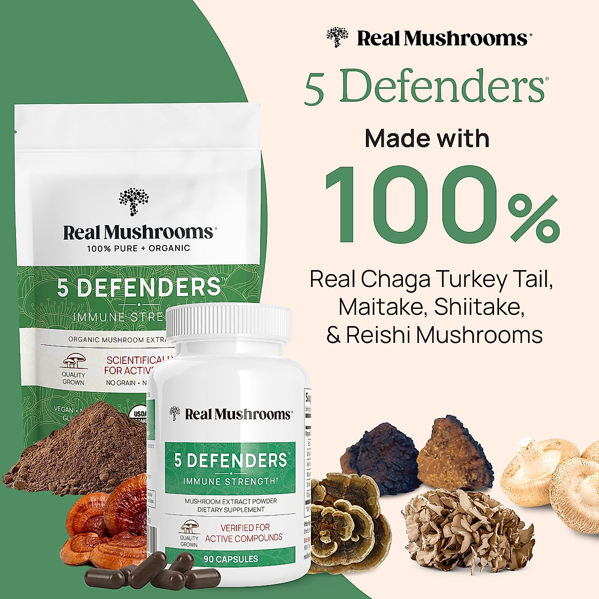 Real Mushrooms 5 Defenders Capsules - Organic Mushroom Extract w/ Chaga, Shiitake, Maitake, Turkey Tail, & Reishi - Mushroom Supplement - Vegan, Non-GMO, 90 Caps