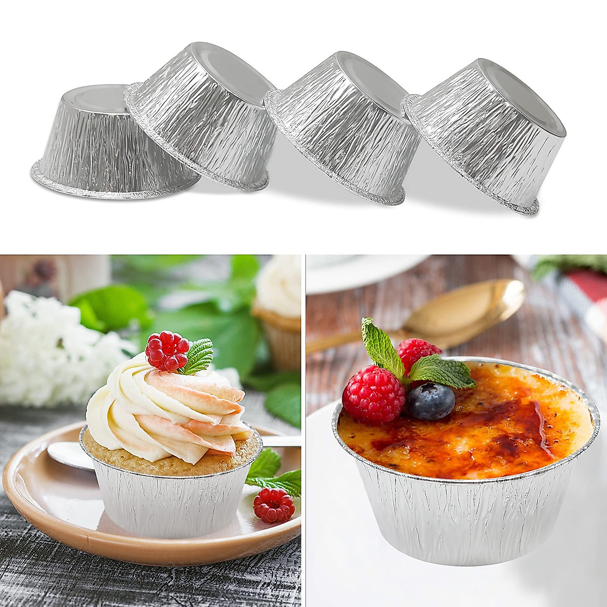 Aluminum Foil Baking Cups, Disposable Ramekin 2.4 Oz Silver Foil Cupcake liners, 200 Pcs Aluminum Baking Cups Egg Tart Liners for Baking, Cupcake, Pudding, Muffin , Creme Brulee