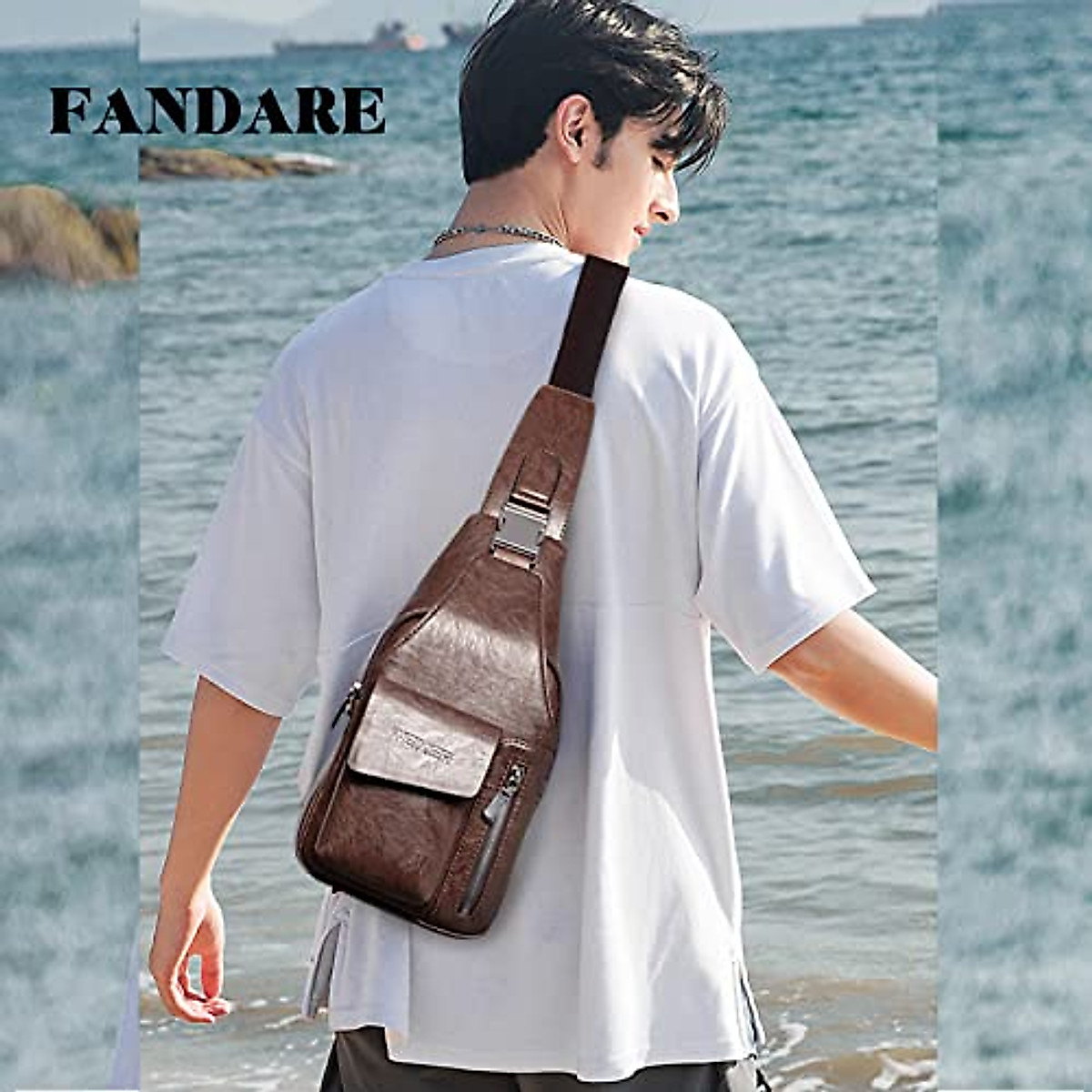FANDARE Retro Sling Chest Bag Lightweight Shoulder Crossbody Backpack Men Business Casual Daypacks for Outdoor Travel Work Hiking Running Indoor Activities Waterproof PU Leather Dark Brown