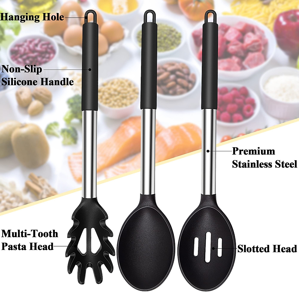Silicone Cooking Spoons, Large Heat Resistant Silicone Pasta Slotted Spoon Solid Spoon for Nonstick Cookware, BPA Free Black Silicone Kitchen Spoons Dishwasher Safe for Cooking Mixing Serving, 3 Pack