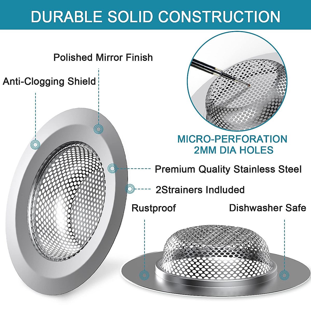 2PCS Kitchen Sink Strainer, Stainless Steel Sink Drain Strainer, Large Wide Rim 4.5" Diameter, Food Catcher for Most Sink Drains Kitchen Sink Basket Strainer