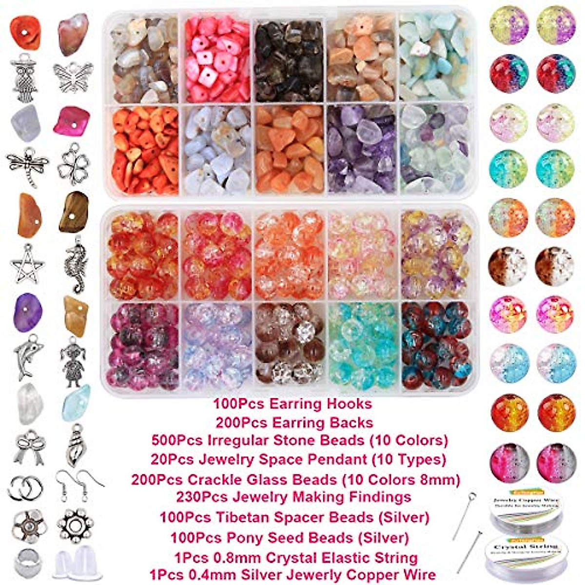 EuTengHao 1458Pcs Irregular Chip Stone Beads Natural Gemstone Beads and Crackle Lampwork Glass Beads 8mm Round Handcrafted Crackle Beads Kit for Bracelet Necklaces Earring Jewelry Making Craft