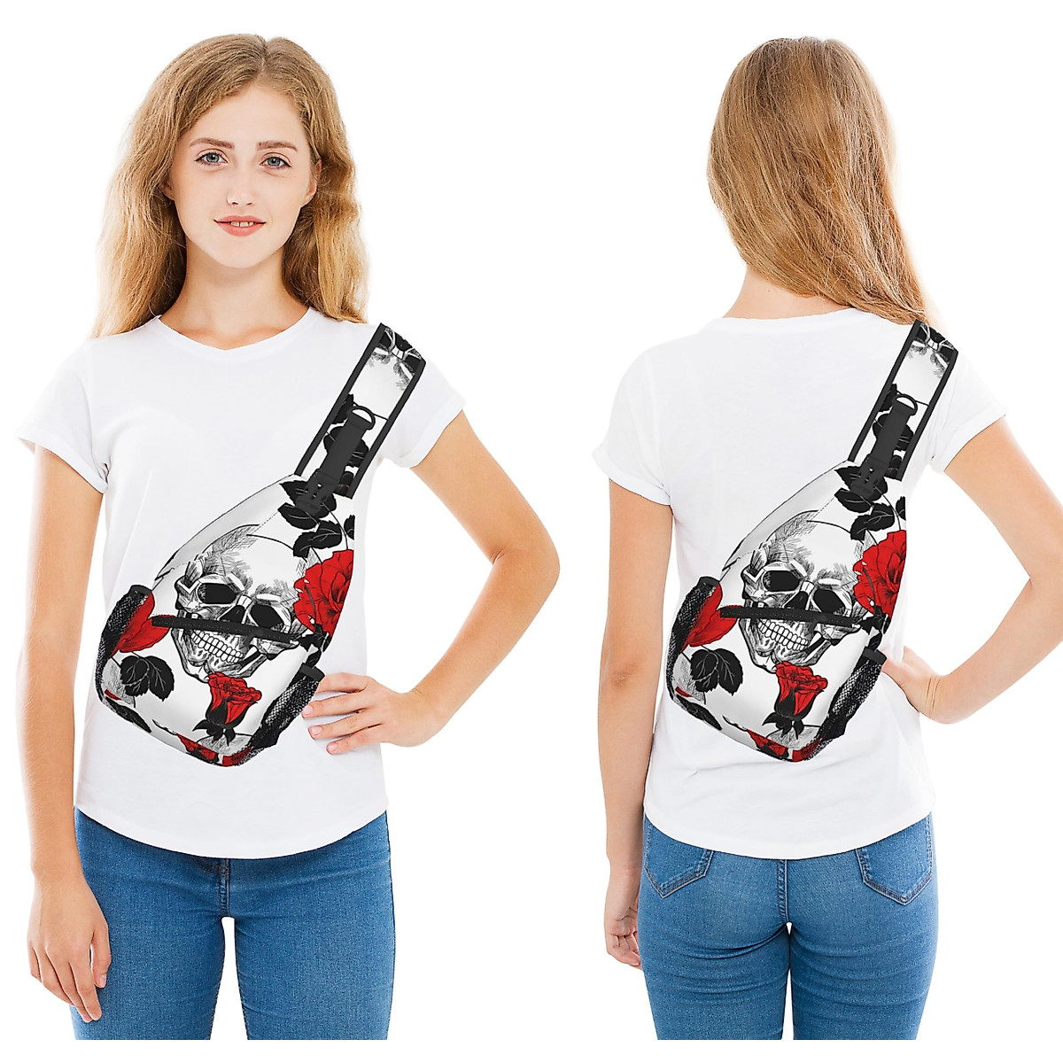 Yamegoun Rose And Skull Unisex Chest Bags Crossbody Sling Backpack Travel Hiking Daypack for Women Men Shoulder Bag for Casual Sport Climbing Runners