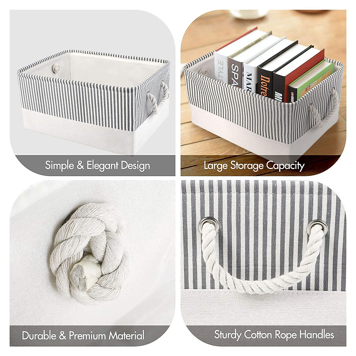 ANMINY 3PCS Storage Baskets Set Large Foldable Canvas Stripe Storage Bin Box with Cotton Rope Handles Decorative Plush Toys Clothes Towel Laundry Shelf Organizer Containers - Small, Dark Gray