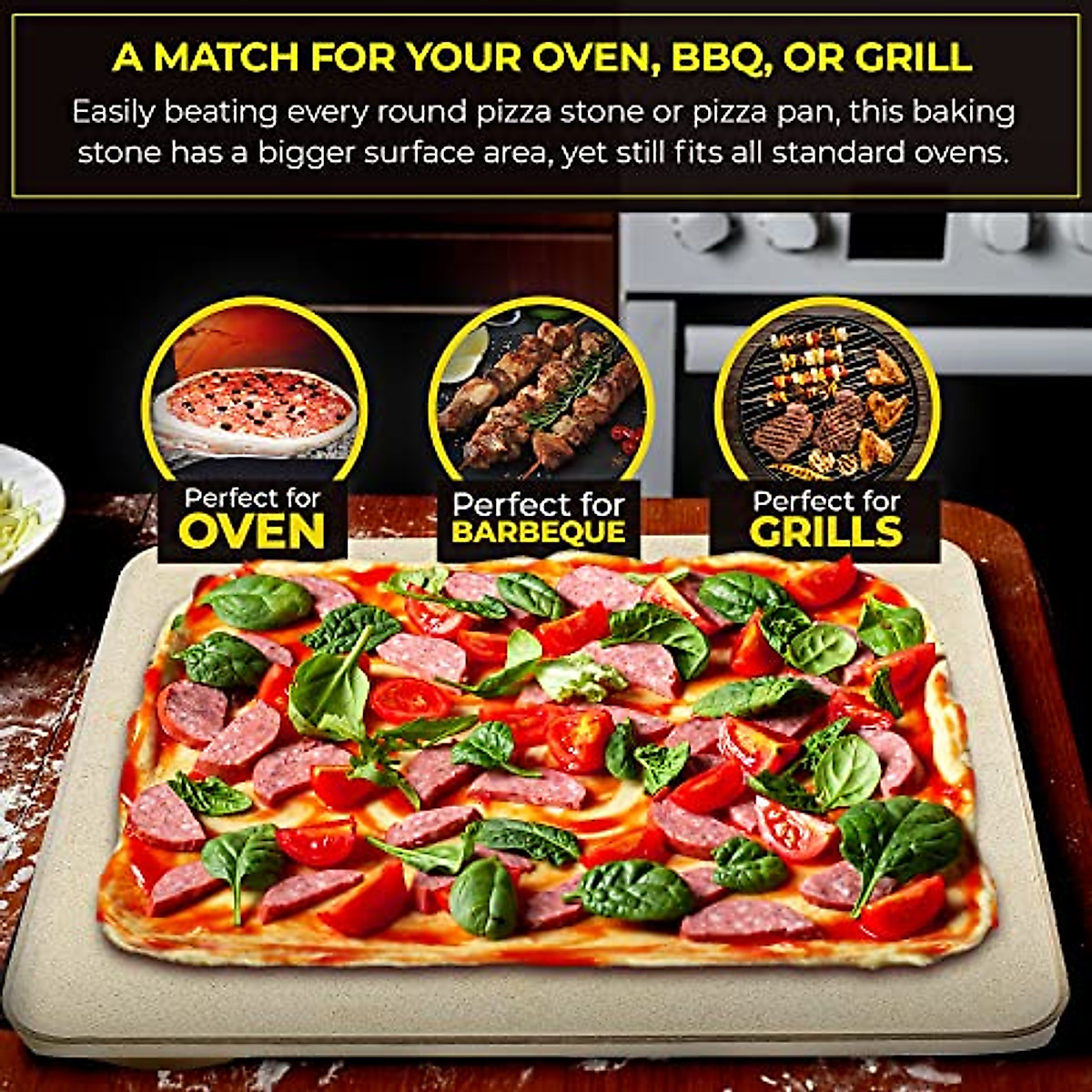 #1 Pizza Stone - Baking Stone. SOLIDO Rectangular 14"x16" - Perfect for Oven, BBQ and Grill