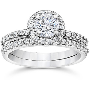 1 1/10ct Diamond Pave Halo Engagement Wedding Ring Set 14K White Gold - Size 11