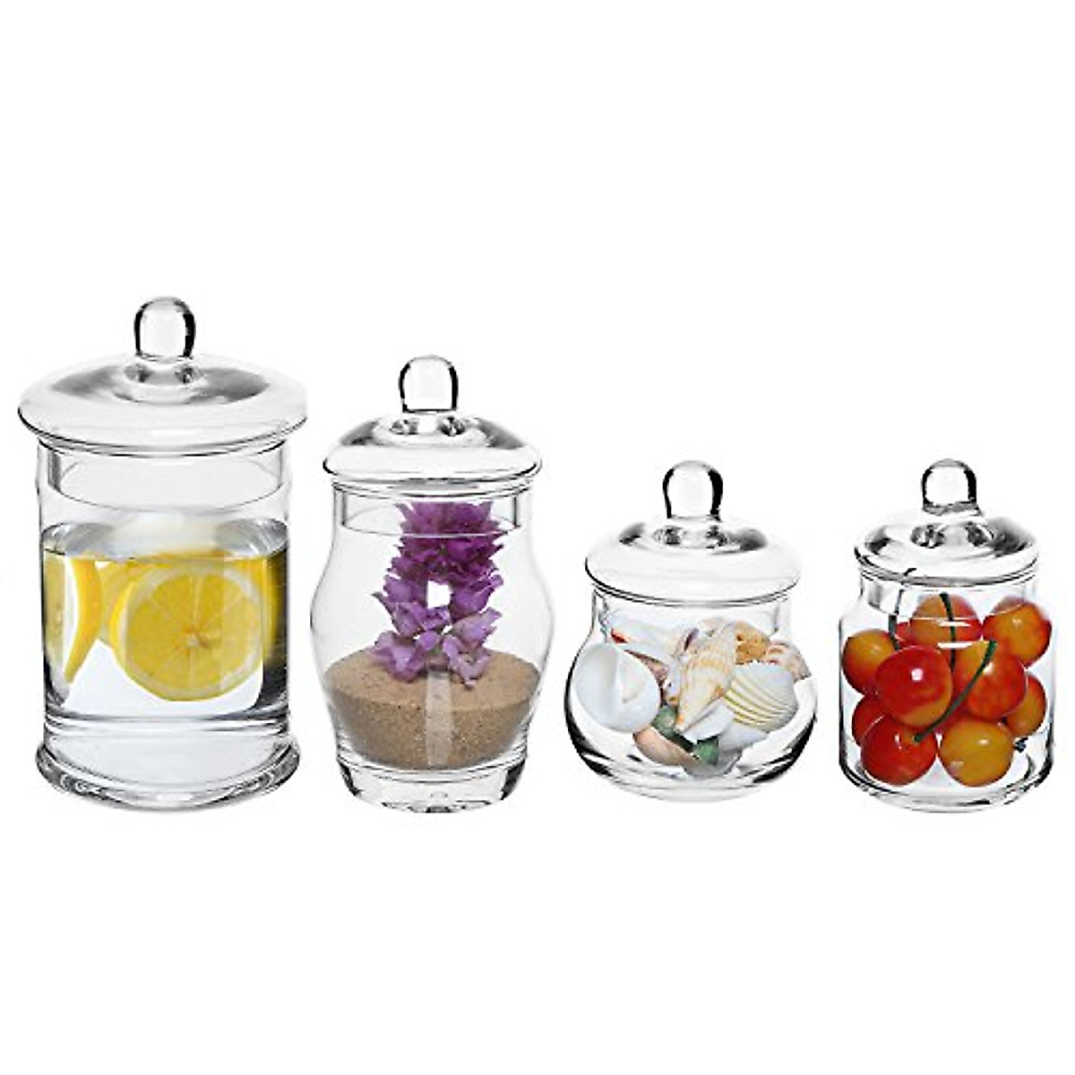 MyGift Decorative Glass Apothecary Candy Jars, Small Wedding Events Table Centerpiece Storage Canisters with Lids, Set of 4