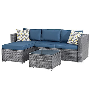 SUNLEI Outdoor Furniture Patio Sets,Low Back All-Weather Small Rattan Sectional Sofa with Tea Table&Washable Couch Cushions&Upgrade Wicker(Silver Rattan) (Aegean Blue)