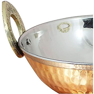 Nexxa -Set of 4, Indian Copper Serveware Karahi Vegetable Dinner Bowl with Handle for Indian Food, Diameter 13 Cm Approx