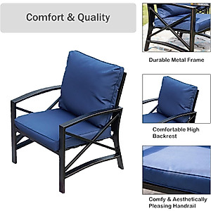 LOKATSE HOME 3 Piece Outdoor Patio Chairs Set with Table, Bistro Furniture Metal with Cushions, Blue