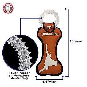 Pets First NCAA Texas Longhorns College Dental Tough Dog TUG Bone Toy with Built-in Squeaker Attached to a Safe Rubber Teething Toothbrush PET Toy 14 x 5"