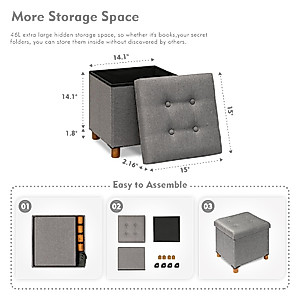 B FSOBEIIALEO Storage Ottoman with Tray, Foot Stools and Ottomans with Legs, Storage Cube Seat Linen Grey 15"