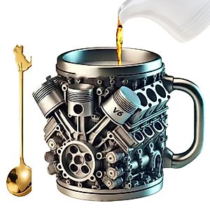 V8 Engines Car Coffee Mug, 15OZ V8 Engine Stainless Steel Cup, Creative Car Engine Coffee Tumbler with Insulated Handle, 3D Stainless Steel Tumbler for Mechanics, for Vehicle Lovers Gift (V6)