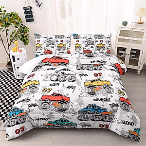 AILONEN Monster Trucks White Comforter Set Twin Size, Cartoon Truck Car Printed Bedding Set for Kids,Boys,Extreme Sports Duvet Set,3-Piece, 1 Quilt and 2 Pillowcases