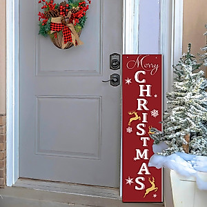 Soaoo Christmas Porch Sign Merry Christmas Vertical Porch Sign Red Christmas Wooden Welcome Sign for Front Door Porch Standing Farmhouse Rustic Door Porch for Xmas Porch Yard Outdoor Indoor, 35.43" H