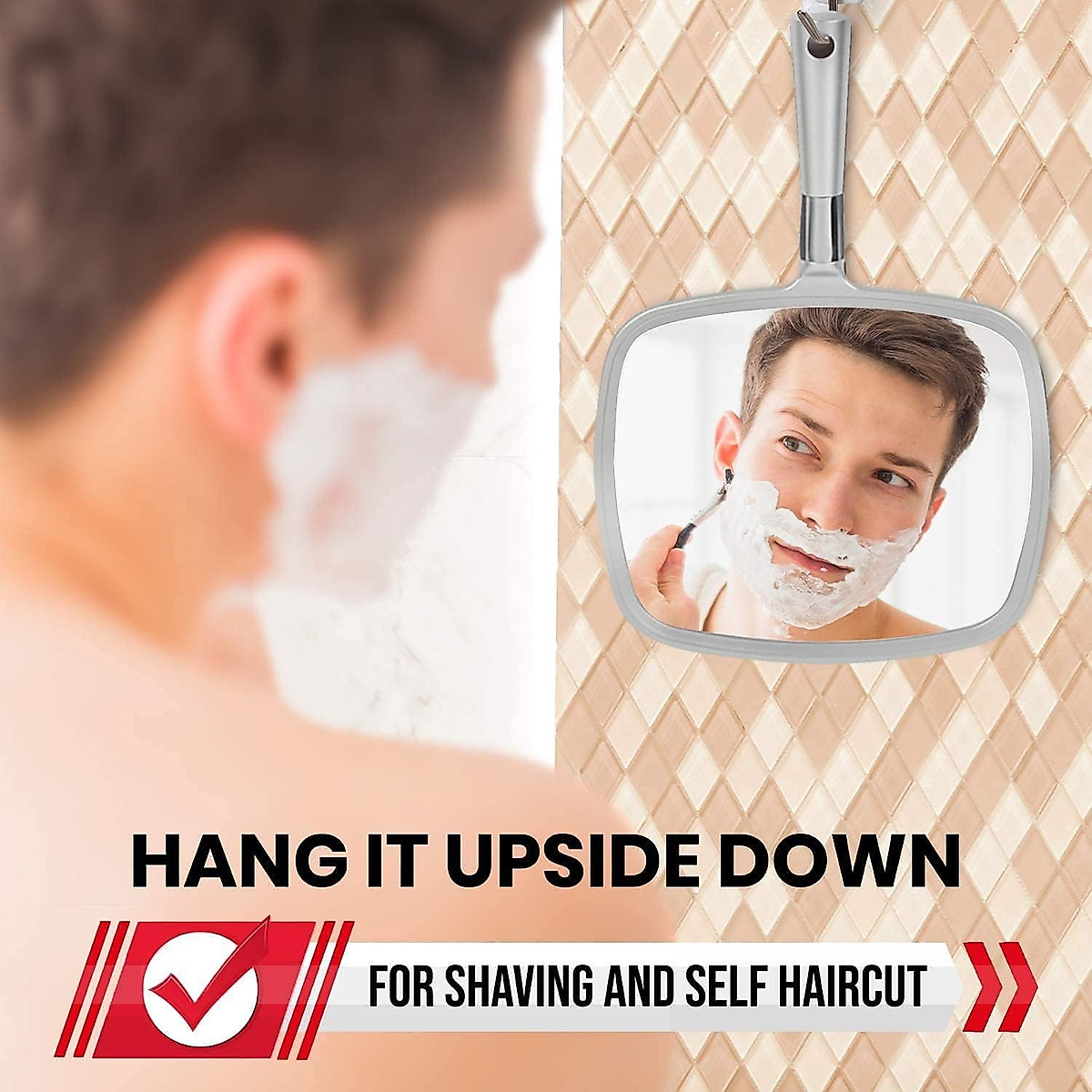 MIRRORVANA Professional Large Hand Mirror with Ergonomic Handle for Men & Women - Premium Handheld Haircut Mirrors for Barber and Salon - 9" x 13" (Elegant Silver Luxe Edition)