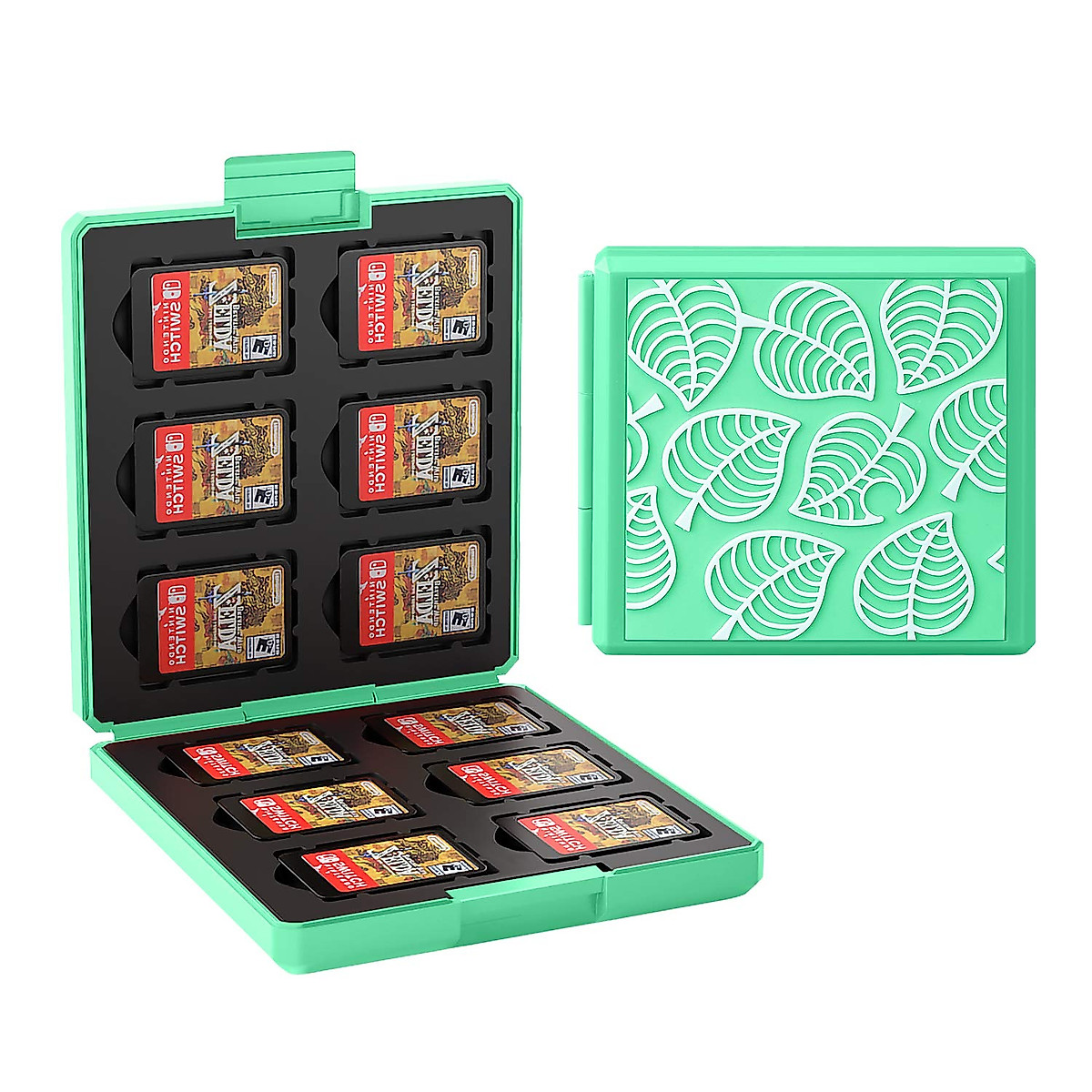 JINGDU JEMDO 12-Slot Switch Game Card Case Compatible with Switch Game & Micro SD Cards, Hard Shell, Soft Lining, The Cute Games Cartridge Holder Organizer Suitable for NS/Lite/OLED Game Card, Leaf