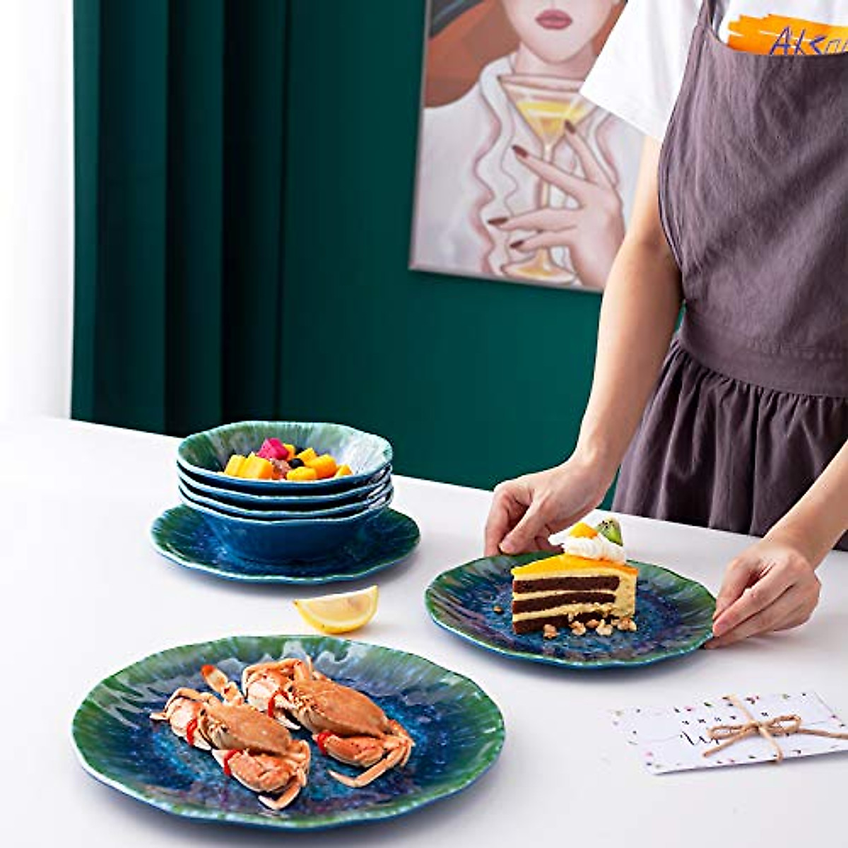 Melamine Dinnerware Set 12 PCS Teal Turquoise Tableware Plates Bowls Blue Green Dishwasher Safe Not Microware Not Oven