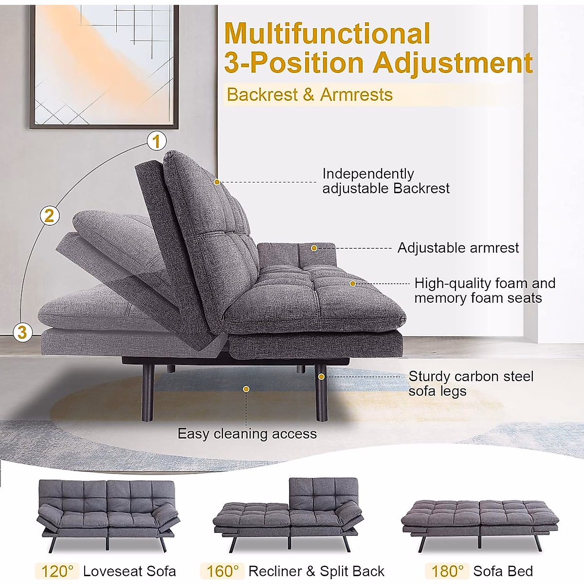 MUUEGM Futon Sofa Bed,Memory Foam Futon Couch Bed Modern Futon Convertible Sleeper Sofa, Faux Leather Love Seat with Adjustable Armrests & Backrests for Small Space Living Room Apartment Offices,Grey