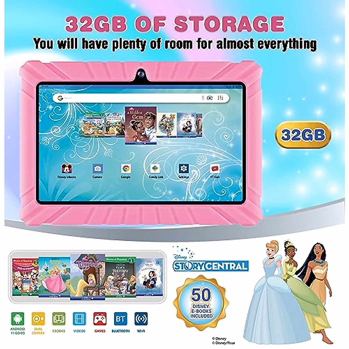 Contixo Kids Tablet V8, 7-inch HD, Ages 3-7, Toddler Tablet with Disney E-Bookd, Parental Control - Android 11, 32GB, WiFi, Learning Tablet for Children w/ 50 Disney Storybooks Apps (Value $200), Pink