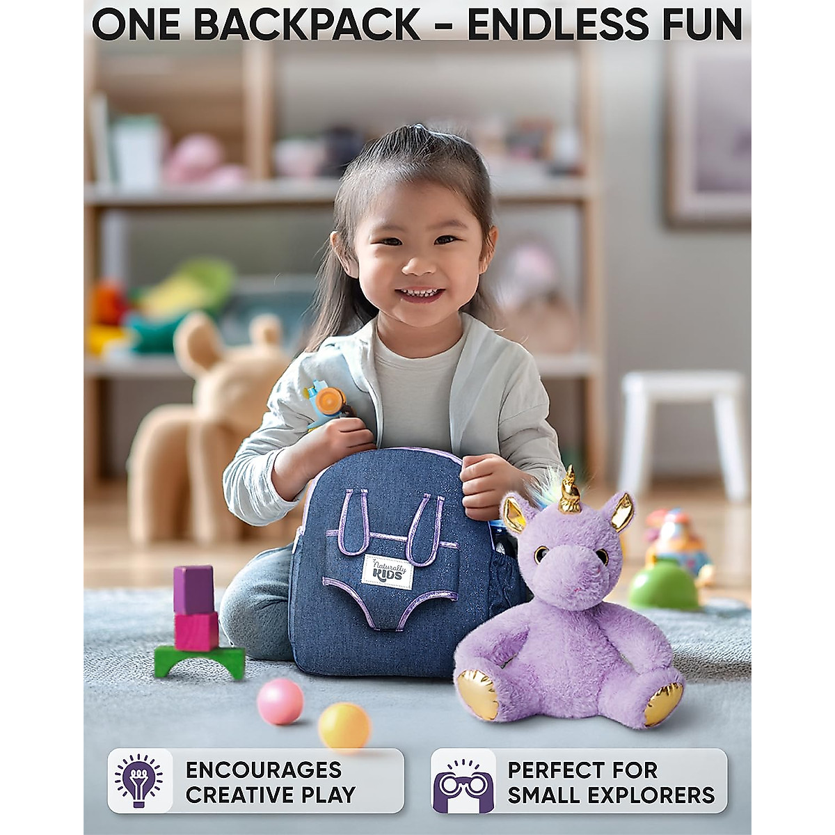 Naturally KIDS Small Unicorn Backpack - 3 - 4 Year Old Girl Gifts - Toddler Backpack for Girl Boy w Stuffed Animal - Toys for 3 Year Old Girls - w Pockets & Reflective Logo - Backpack w Purple Unicorn