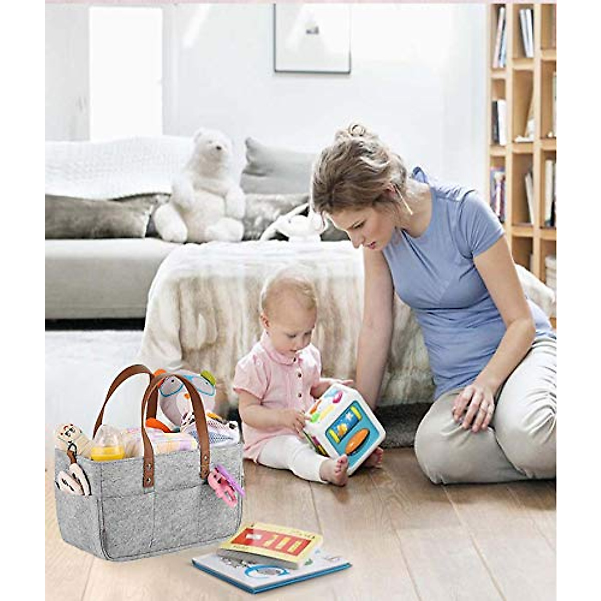 Baby Diaper Caddy Organizer, Portable Nappies Organizer Nursery Storage Basket, Diaper Bag Tote with Changeable Compartments, Baby Storage Basket for Car Travel, Diaper Storage Bin (M)