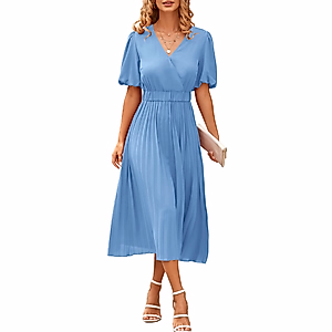 PRETTYGARDEN Women's Summer Pleated Midi Dress Wrap V Neck Puff Sleeve Casual Chiffon A Line Flowy Dresses (Light Blue,Large)