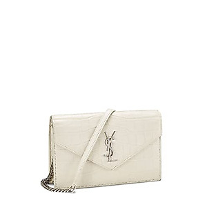 Yves Saint Laurent, Pre-Loved White Grained Calfskin Envelope Wallet-On-Chain (WOC), White