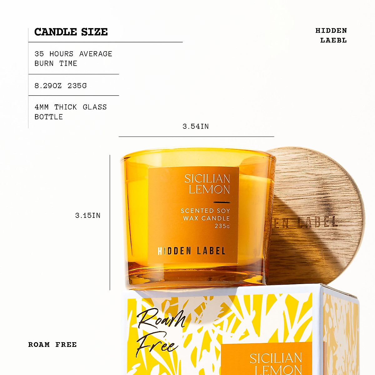 Hidden Label Sicilian Lemon Scented Candle, 100% Cotton Lead-Free Wick,Sustainable Wood Lids,Candles for Home Scented,8.3 Oz