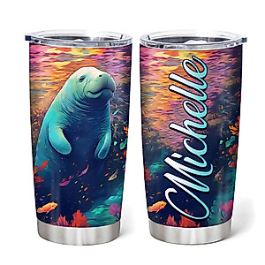 Hyturtle Personalized Gifts Manatee Lover - Manatees Printed Customized Name Stainless Steel Tumbler 20 oz With Lid - Idea Cute Sea Animal Lover Gifts For Women, Girl, Kids On Birthday, Christmas