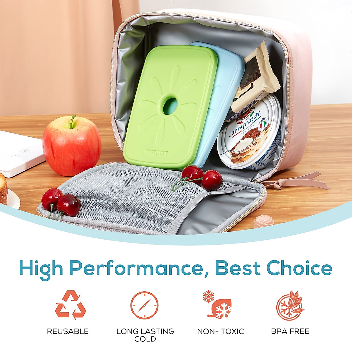 TOURIT Ice Packs for Lunch Boxes/Bags and Coolers, Lunch Box Cooler Ice Packs Reusable, Slim and Long Lasting Cool Pack for Work, Picnic or Camping