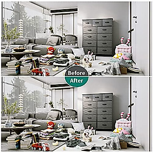 YITAHOME 11-Drawer Fabric Dresser, Dresser for Bedroom, Hallway, Nursery, Closets, Tall Chest Organizer Unit with Sturdy Steel Frame, Wooden Top, Cool Grey