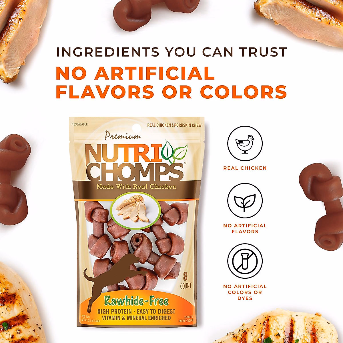 NutriChomps Dog Chews, 2.5-inch Knots, Easy to Digest, Rawhide-Free Dog Treats, 8 Count, Real Chicken flavor
