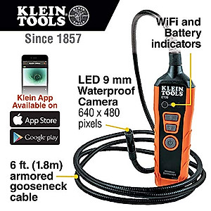 Klein Tools ET20 Wi-Fi Borescope Inspection Camera with Rechargeable Lithium-Ion Battery and On-Board LED Lights