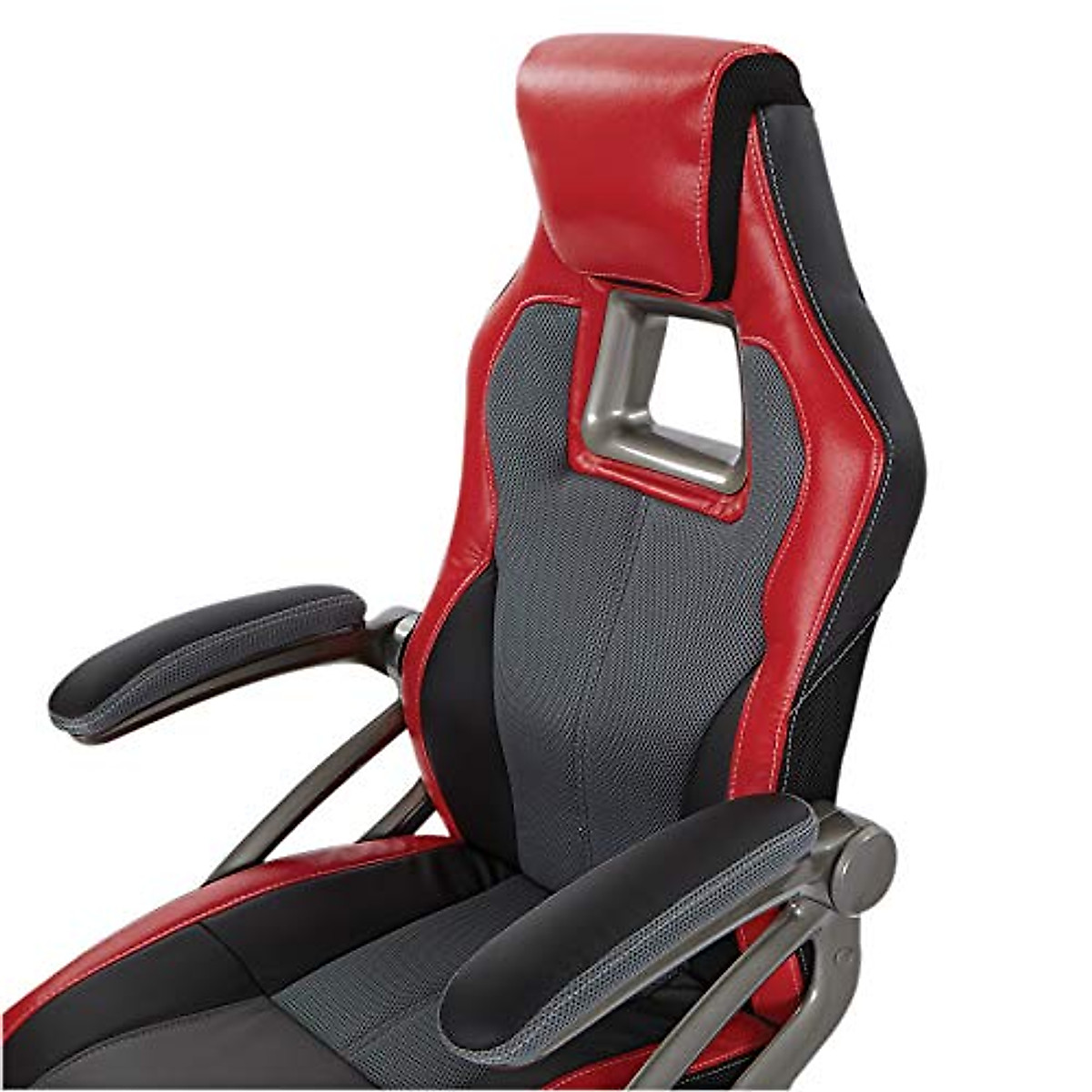 OSP Home Furnishings Mesh and Bonded Leather Adjustable Race Car Office Chair, Charcoal Grey and Red