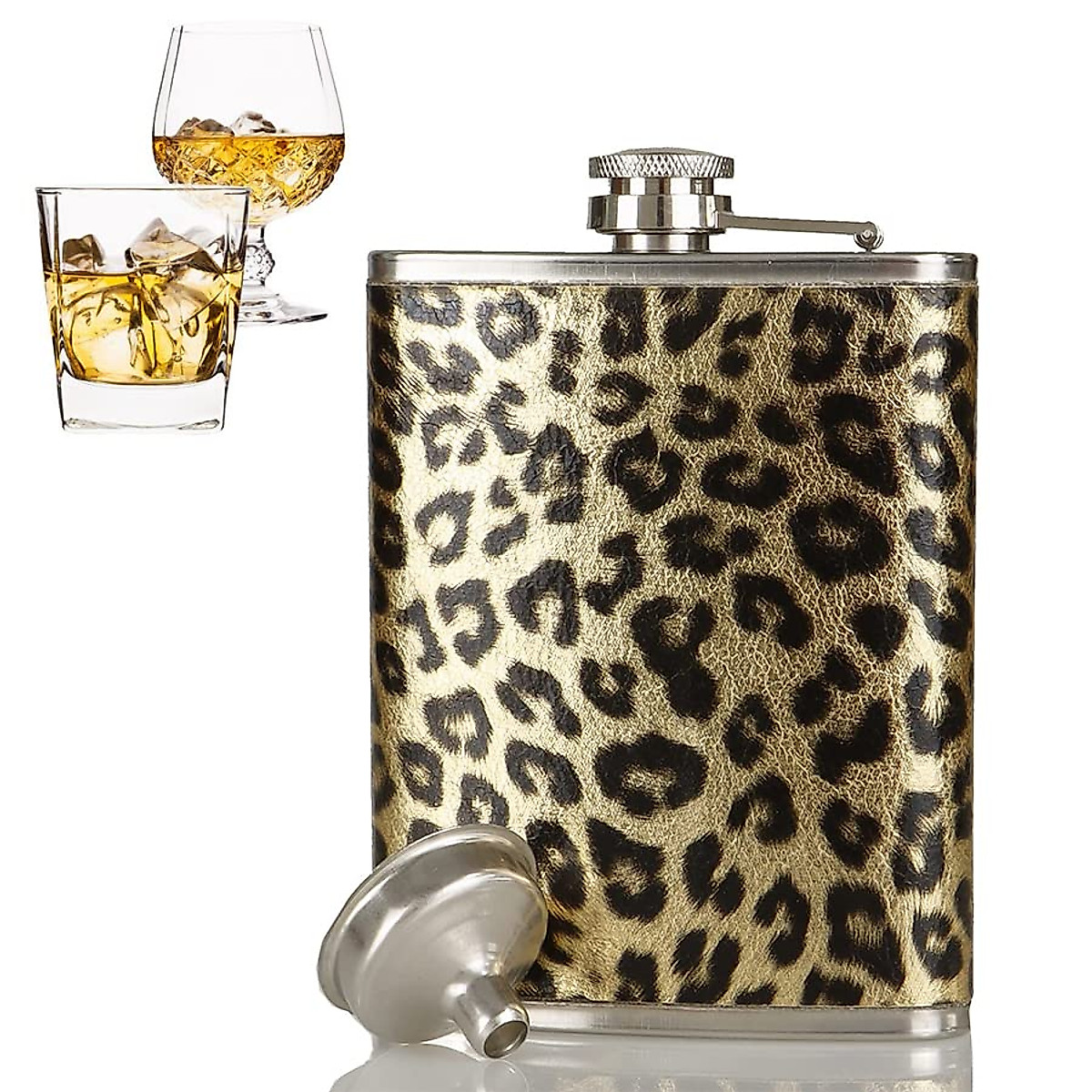Liquor-Flasks for Women - Stainless-Steel Cute Print-Leopard Liquor-Flasks Leak-Proof with Funnel Set 7 OZ (Leopard)
