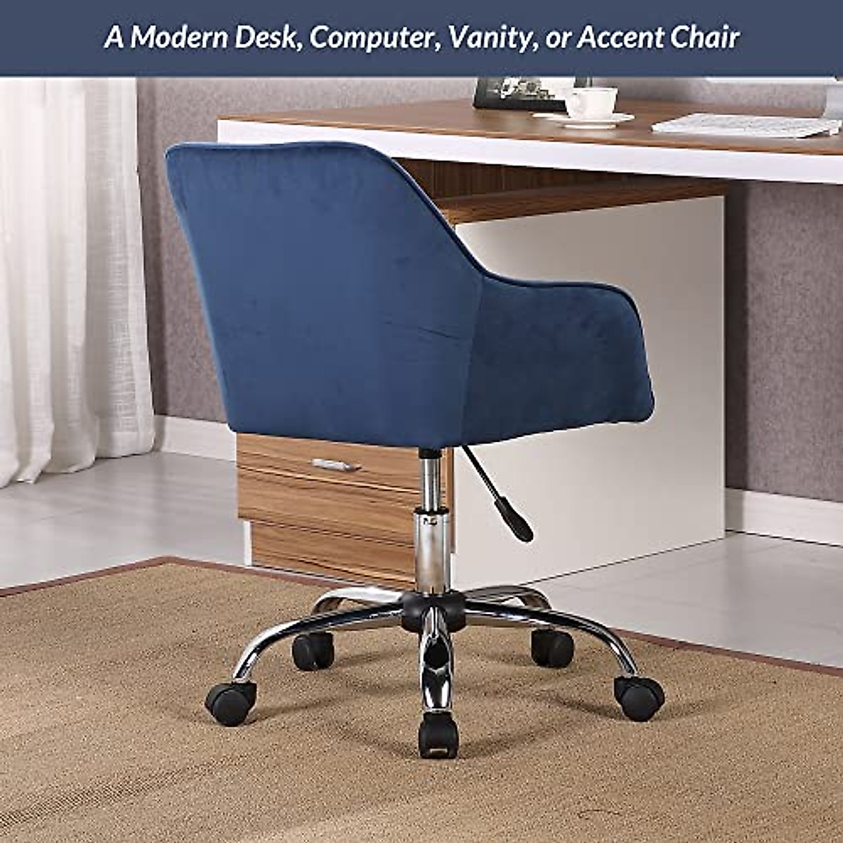 BELLEZE Modern Office Ergonomic Computer Desk Chair with Mid-Back Design, Thick Padded Velvet Seat, and Built-in Lumbar Support 360 Swivel Adjustable Height - Nora (Blue)