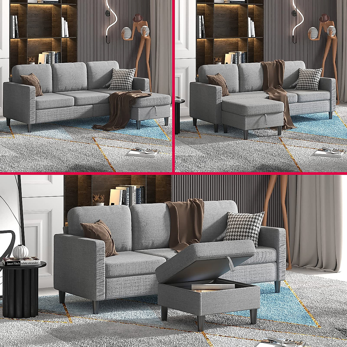 MUZZ 78” Sectional Sofa with Movable Ottoman, Free Combination Sectional Couch, Small L Shaped Sectional Sofa with Storage Ottoman, Modern Linen Fabric Sofa Set for Living Room (Light Grey)