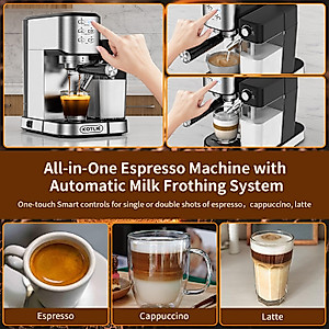 KOTLIE Espresso Coffee Machine with Milk Frother, One-Touch Automatic Coffee maker for Espresso/Cappuccino/Latte, ESE Pod Compatible, 20Bar Pump, Dual Heat System 1350W and 900W (120, Volts) (Metal)